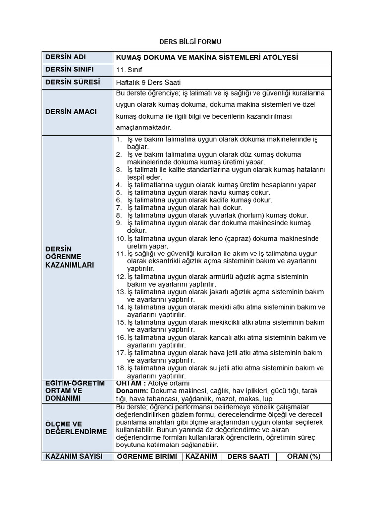 Ders Bilgi Formu | PDF