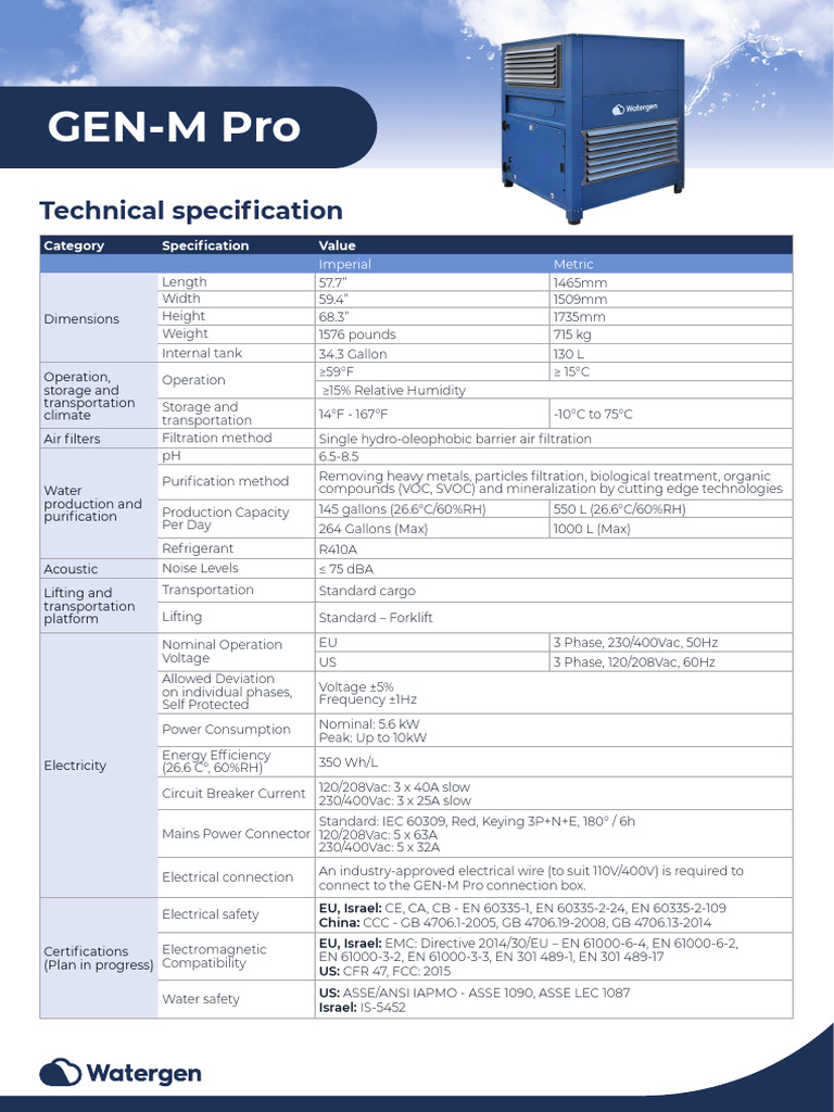 Watergen GEN M Pro Spec | PDF | Alternating Current | Water Purification