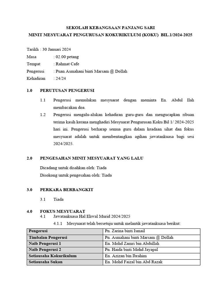PK07-3 Minit Mesyuarat Kokurikulum Bil 1 2024-2025 | PDF