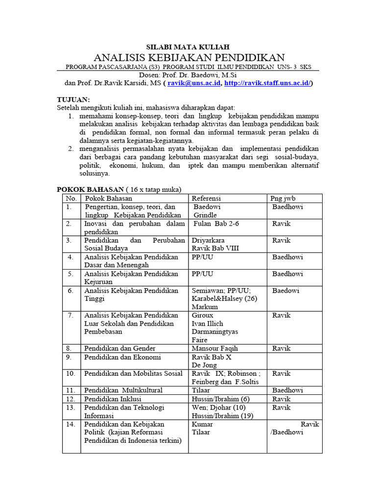 Silabi Alanisis Kebijakan Pendidikan s3 | PDF