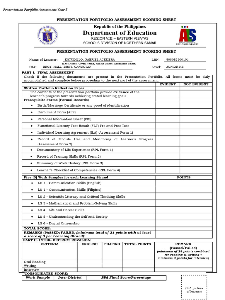 PPA 5 PPA Scoring Sheet | PDF | Learning | Literacy