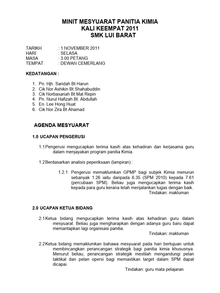 Minit Mesyuarat Panitia Kimia Ke4 | PDF