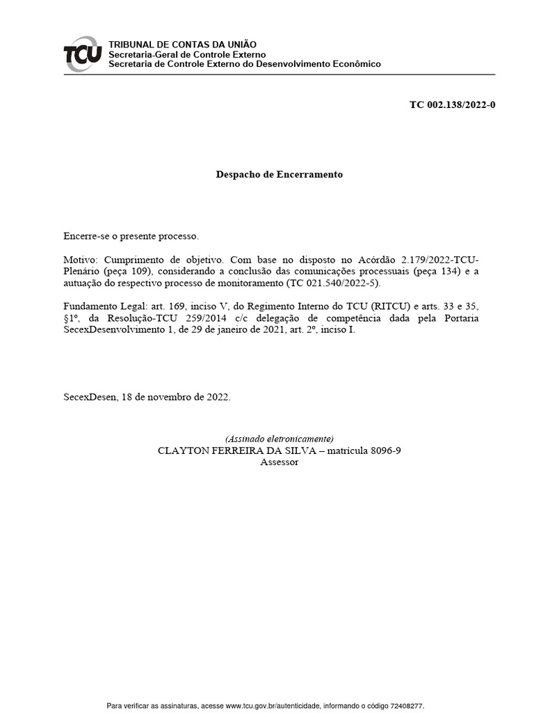 TCU BASA - Modelo de Despacho de Encerramento de Processo | PDF