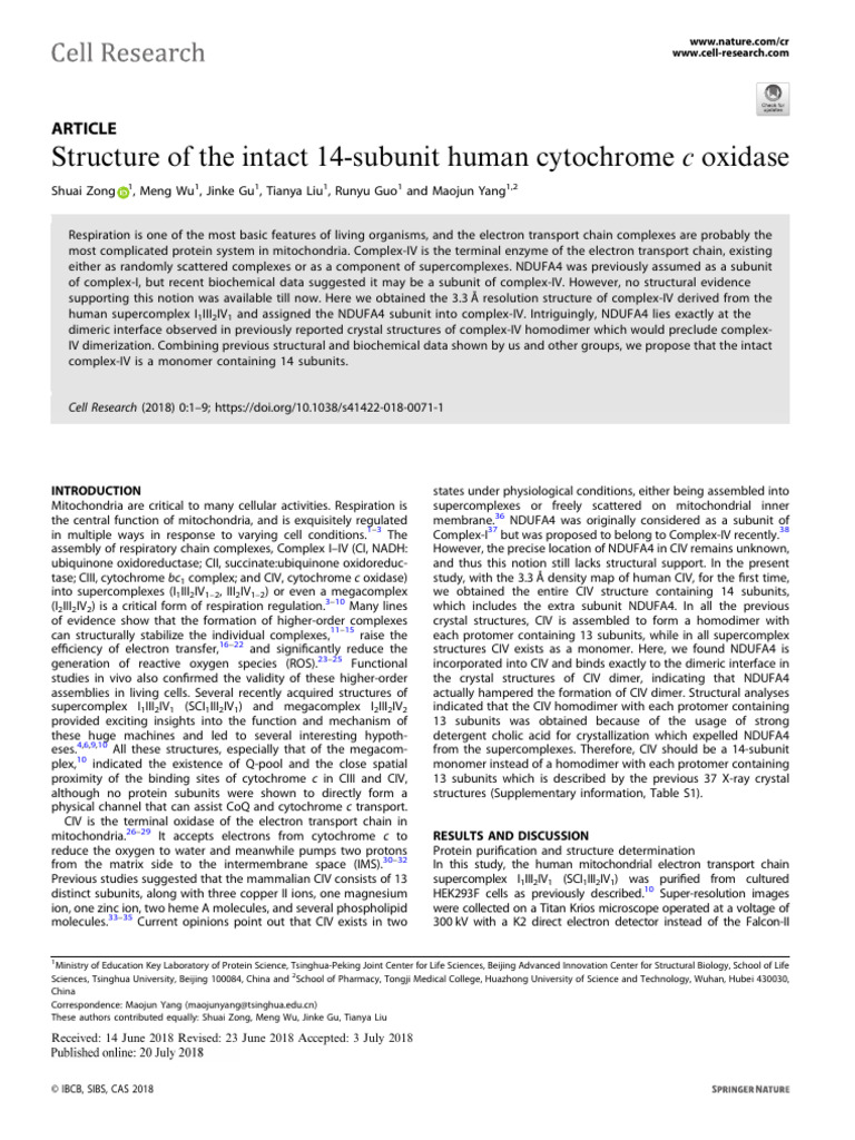 Structure of the Intact 14-Subunit Human Cytochrome c Oxidase(Paper ...