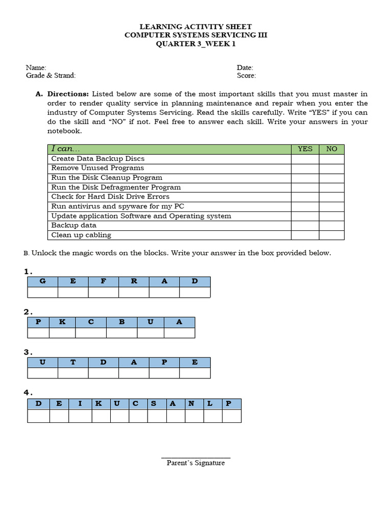 LEARNING ACTIVITY SHEET q3w1 | PDF | Hard Disk Drive | Backup