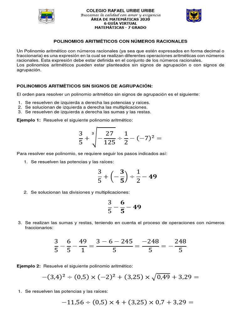 Polinomios Aritméticos Con Números Racionales: Colegio Rafael Uribe ...
