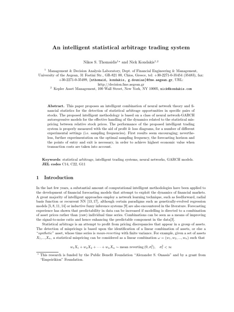 An Intelligent Statistical Arbitrage Trading System | PDF ...