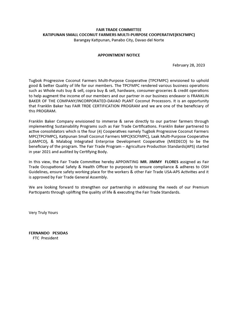 Appointment Letter To OSH | PDF