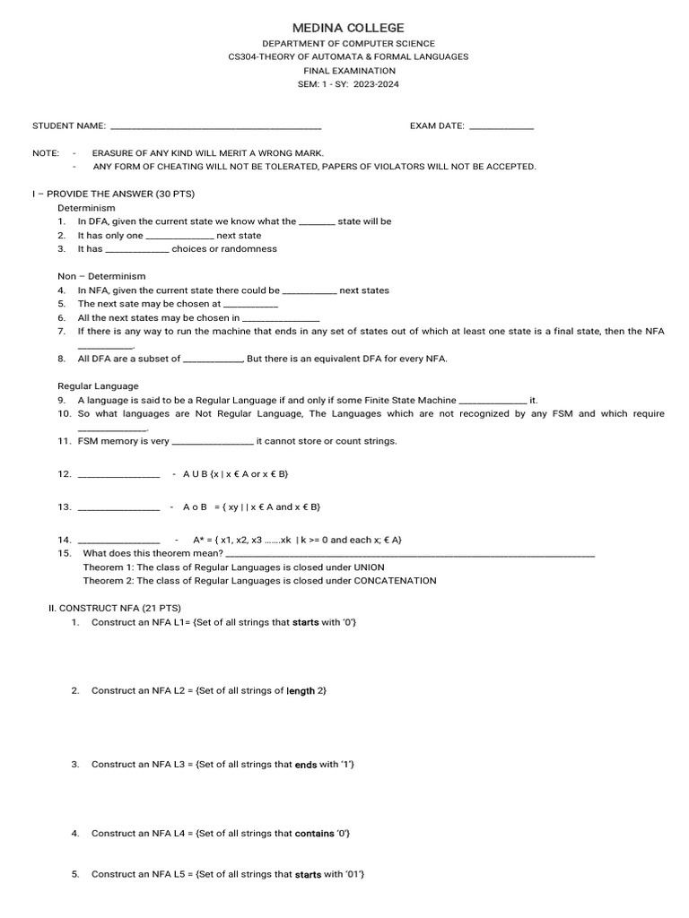 CS304 Automata Theory Final Exam | PDF | Formalism (Deductive) | String ...