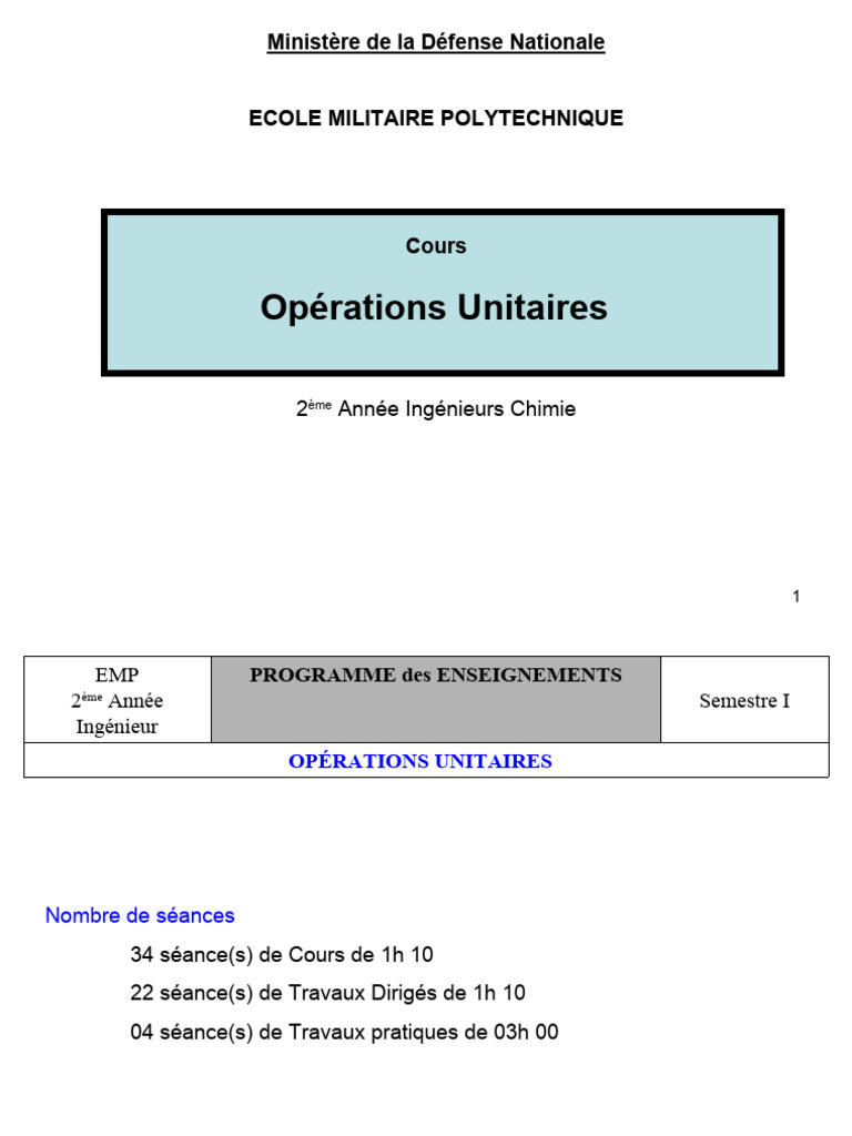 Programme Opérations Unitaires 2A EMP | PDF | Distillation | Procédé de ...