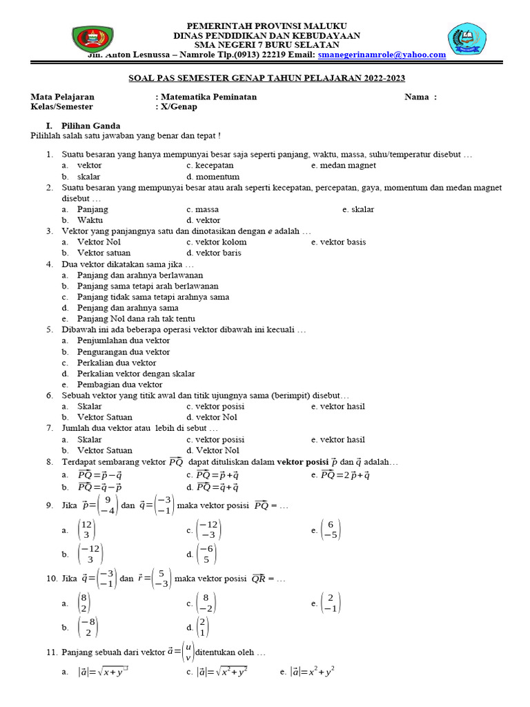 Soal Dan Kunci Matemaika MInat X PAS 2023 | PDF