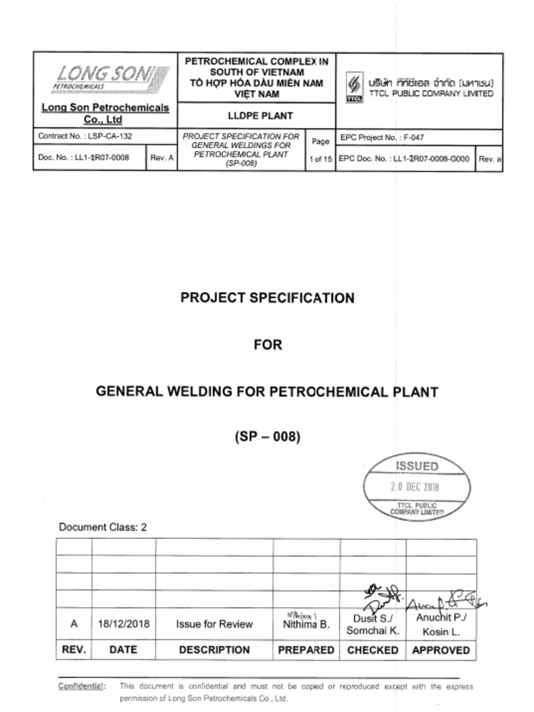 LL1-2R07-0008 - A - Project Spec For General Welding For Petrochemical Plant | Download Free PDF ...