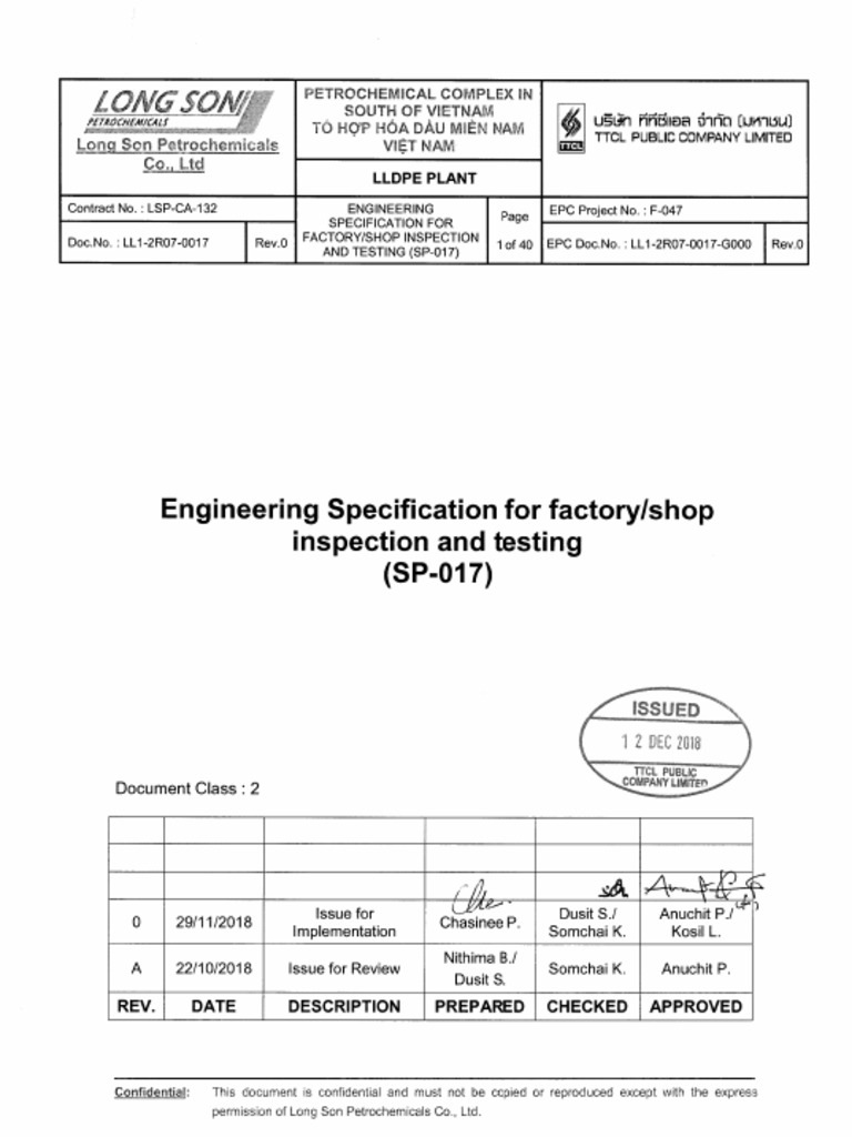 LL1-2R07-0017 - 0 - Spec. For Inspection & Testing | PDF ...