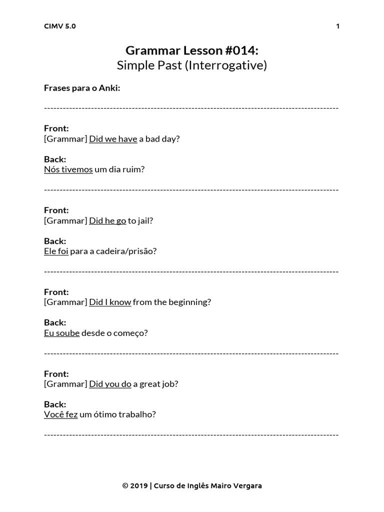 PDF Grammar Lesson 014 Simple Past Interrogative | PDF | Música gravada