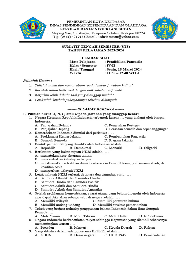 Soal PTS Pendidikan Pancasila KLS 4 SMT 2 | PDF | Perjalanan