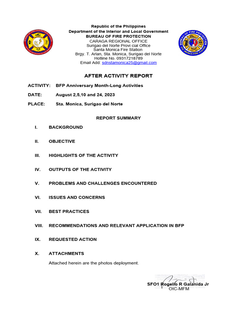 After Activity Report BFP Anniversary | PDF | Fire Safety | Safety After Activity Report BFP Anniversary | PDF | Fire Safety | Safety