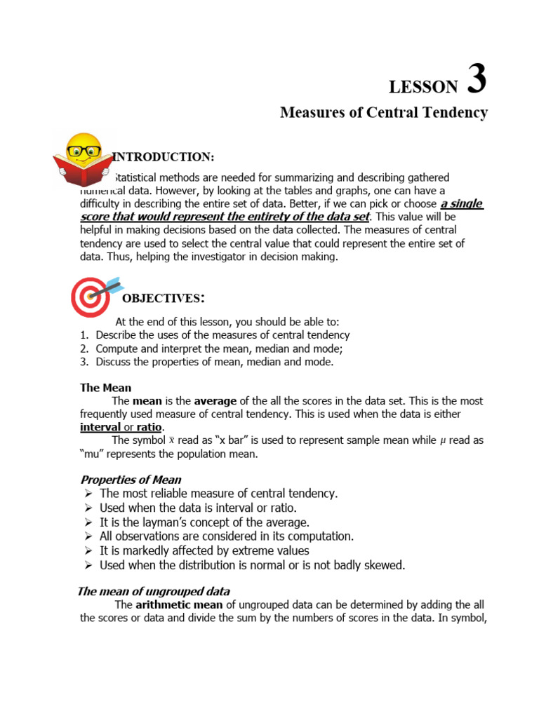 Lesson 3 Measures of Central Tendency | PDF | Mean | Median