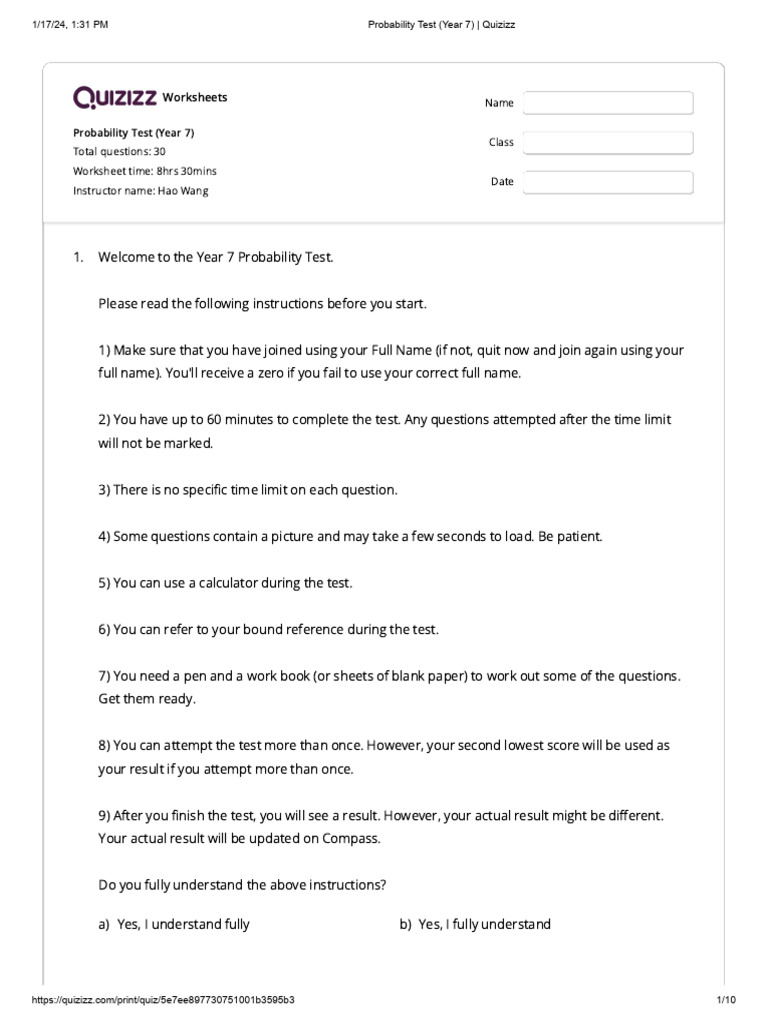 Year 7 Probability Test | PDF | Odds | Probability Theory