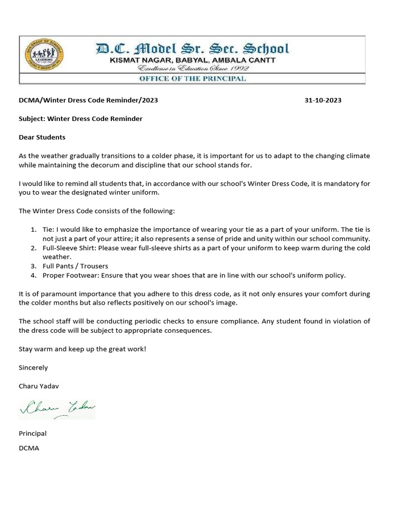 Winter Dress Code Reminder | PDF