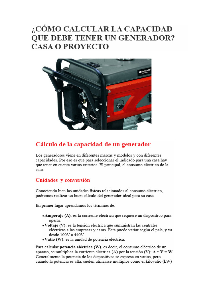 Cómo Calcular La Capacidad Que Debe Tener Un Generador | PDF | Vatio ...