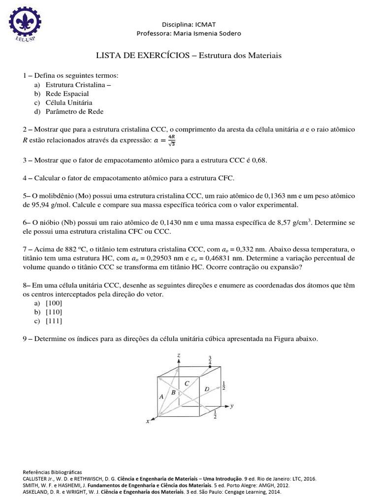 Lista Estrutura Cristalina 2018.1 | PDF | Estrutura de cristal | Química Física
