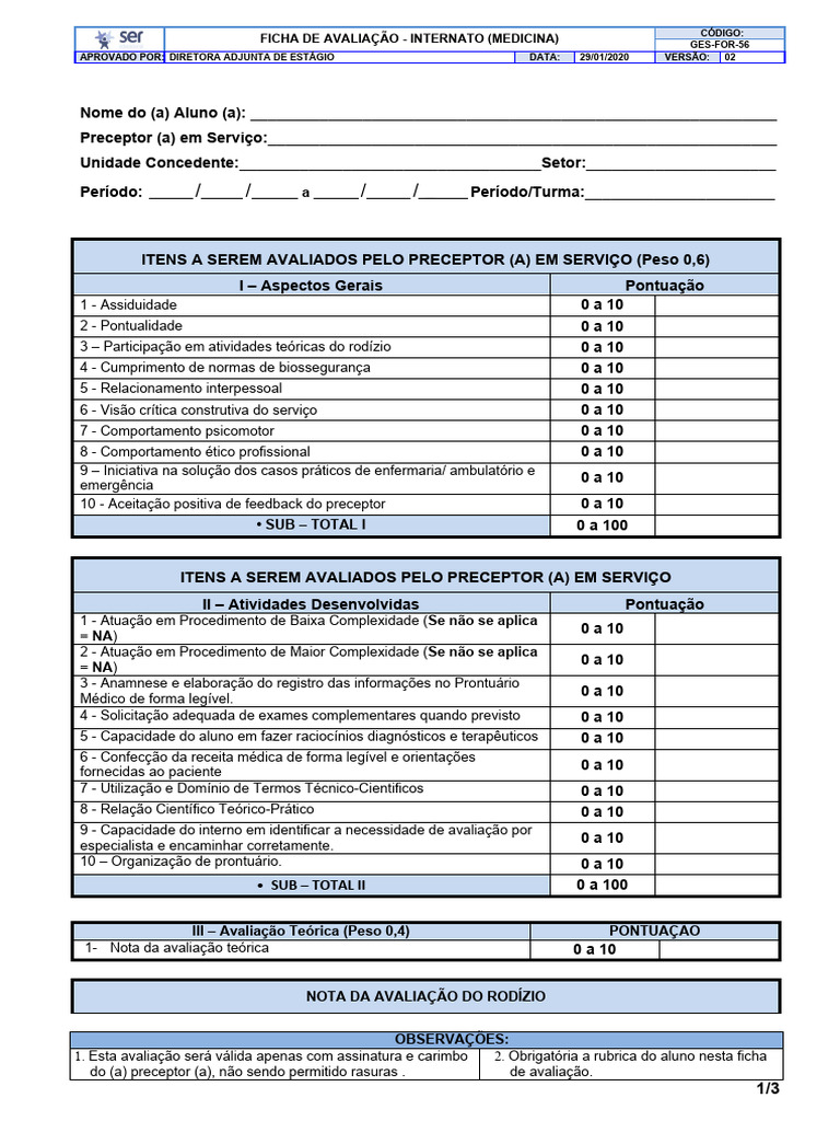 GES-FOR-56 - FICHA DE AVALIAÇÃO - INTERNATO (MEDICINA) | PDF ...