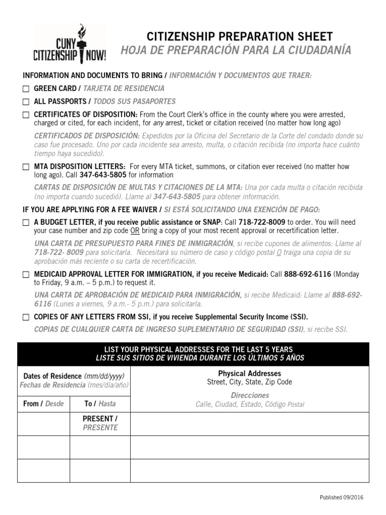 N-400 Preparation Sheet 2016 2017 ENG - SPA | PDF | Arreglos de ...