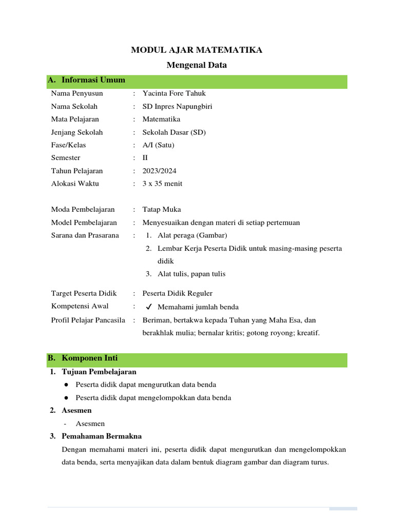 Modul Ajar Matematika SD: Mengenal Data | PDF