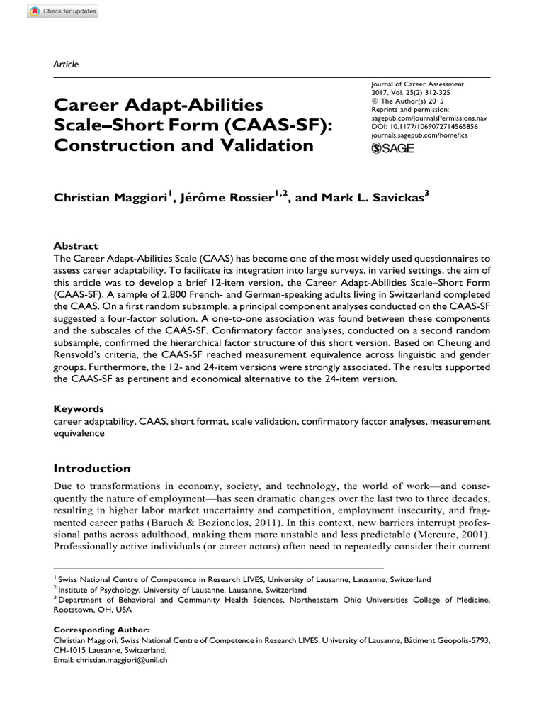 Career Adapt-Abilities Scale Short Form Validation | PDF | Psychology ...
