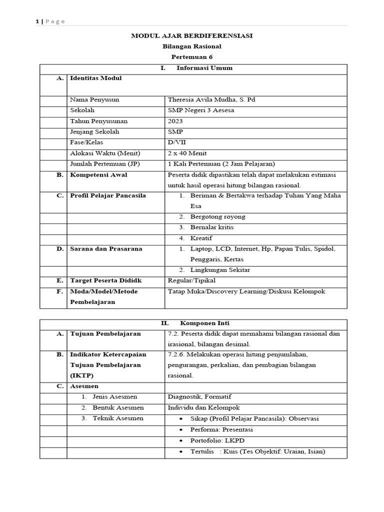 Modul Pembelajaran Berdiferensiasi Bil - Rasional P6 | PDF