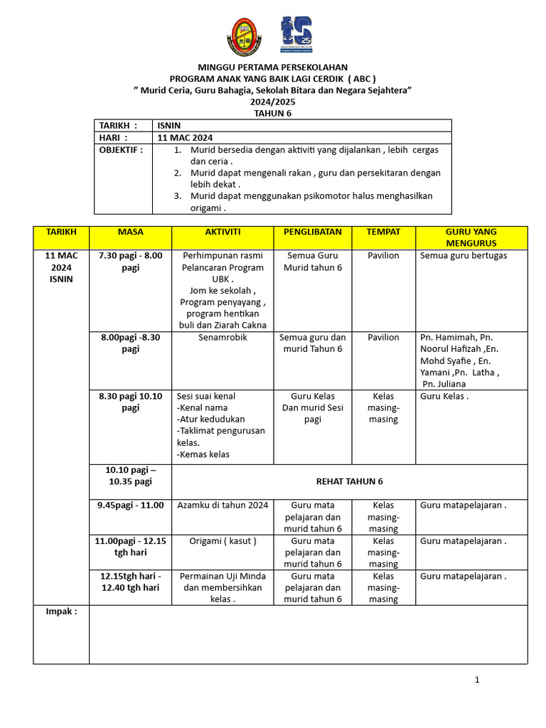 Program ABC Minggu Pertama Sesi Akademik 2024 Tahun 6 | PDF