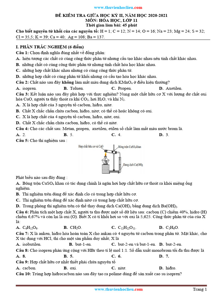 De KT Giua HK2 Hoa 11 de 1 | PDF