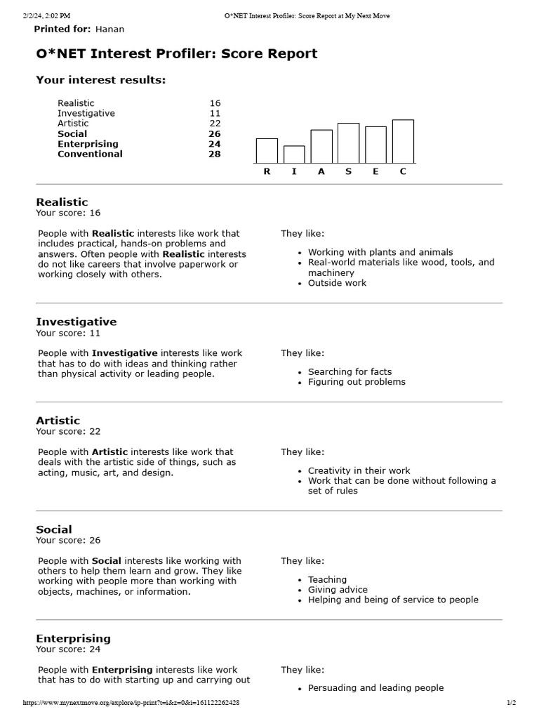 O - NET Interest Profiler - Score Report at My Next Move | PDF ...
