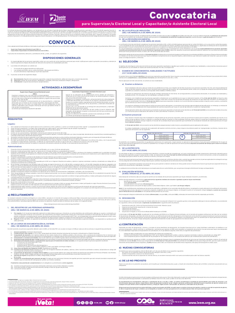 Convocatoria IEEM: SEL y CAEL 2024 | PDF | Evaluación | Partidos políticos
