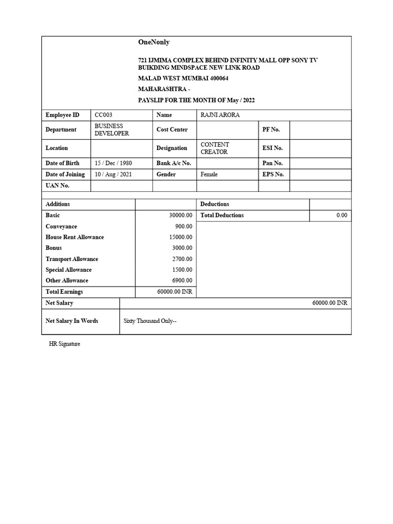 Salary Slip for 60000 INR Monthly | PDF