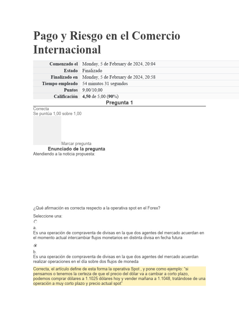 Pago y Riesgo en El Comercio Internacional - Examen Uidad1 | PDF | Bancos | Mercado de divisas