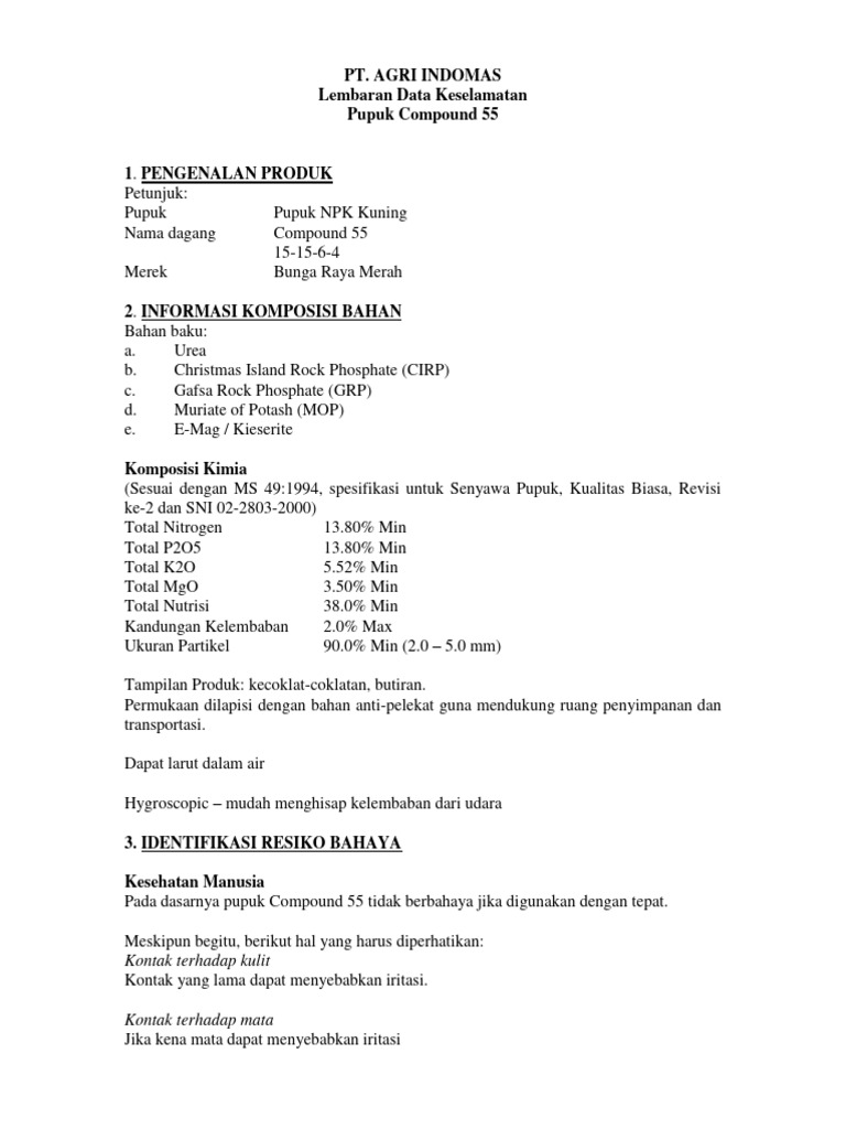 MSDS - NPK Kuning (15-15-6-4) | PDF | Kesehatan Holistik | Sains ...