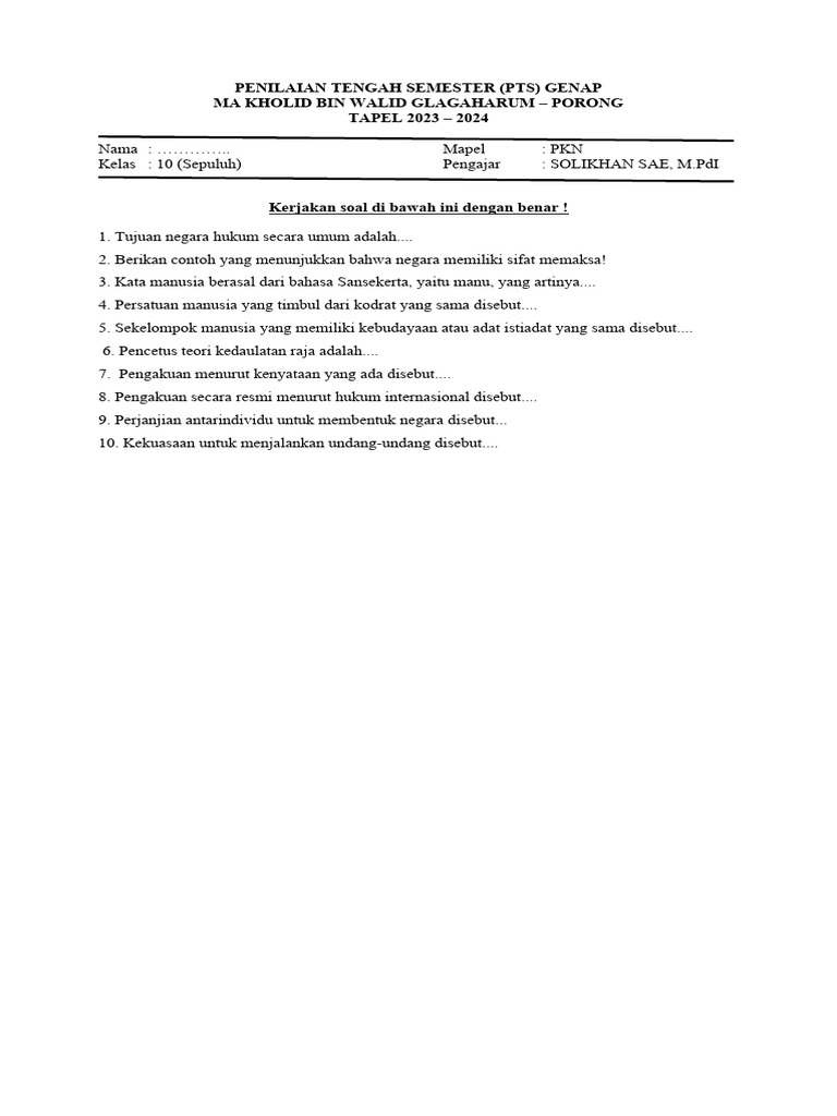 Soal PTS Bahasa Arab KLS X | PDF