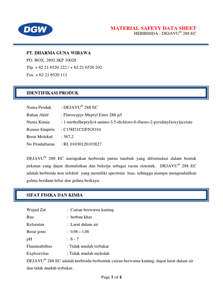 Msds H-DeJAVU 288 EC (Fluroksipir Metil Ester) | PDF