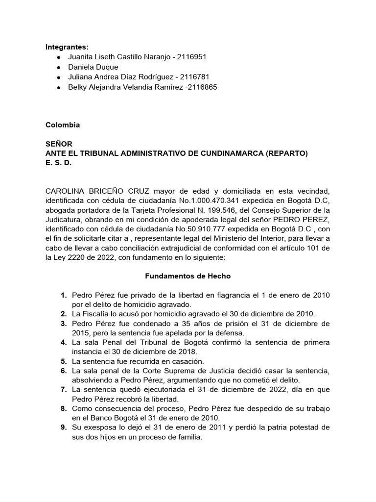 Conciliacion Caso Pedro Perez | Descargar gratis PDF | Daños y perjuicios | Homicidio
