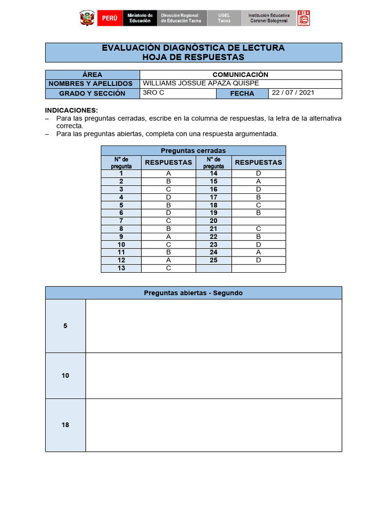 Evaluación Diagnóstica de Lectura 3ro C | PDF