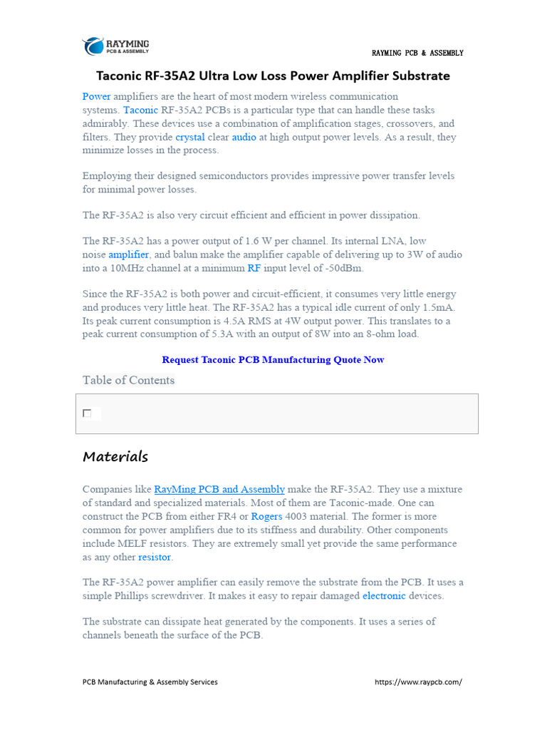 Taconic RF-35A2 Ultra Low Loss Power Amplifier Substrate | PDF | Amplifier | Printed Circuit Board