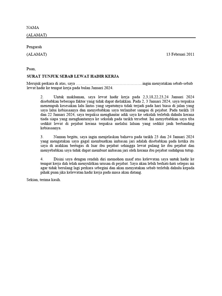 Surat Tunjuk Sebab Keterlambatan Kerja | PDF