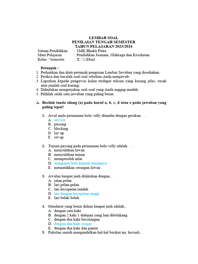 LEMBAR SOAL PJOK Kelas X | PDF