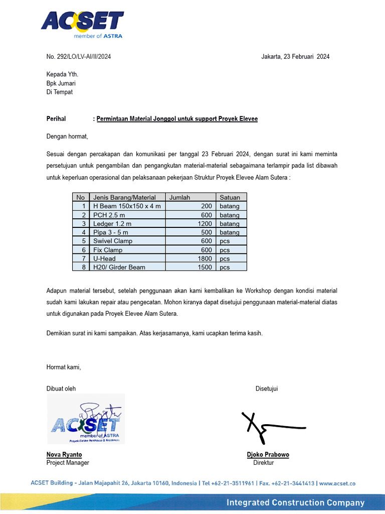 292 LO LV AI II 2024 Permintaan Material Jonggol | PDF