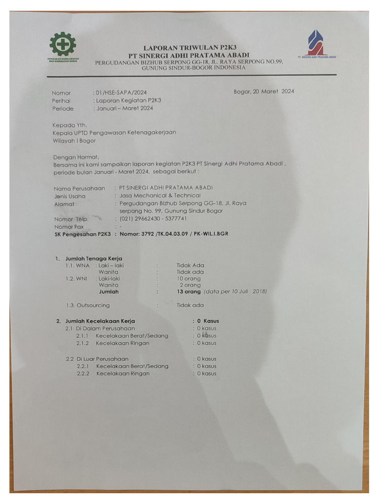 Laporan P2K3 Jan-Maret 2024 | PDF