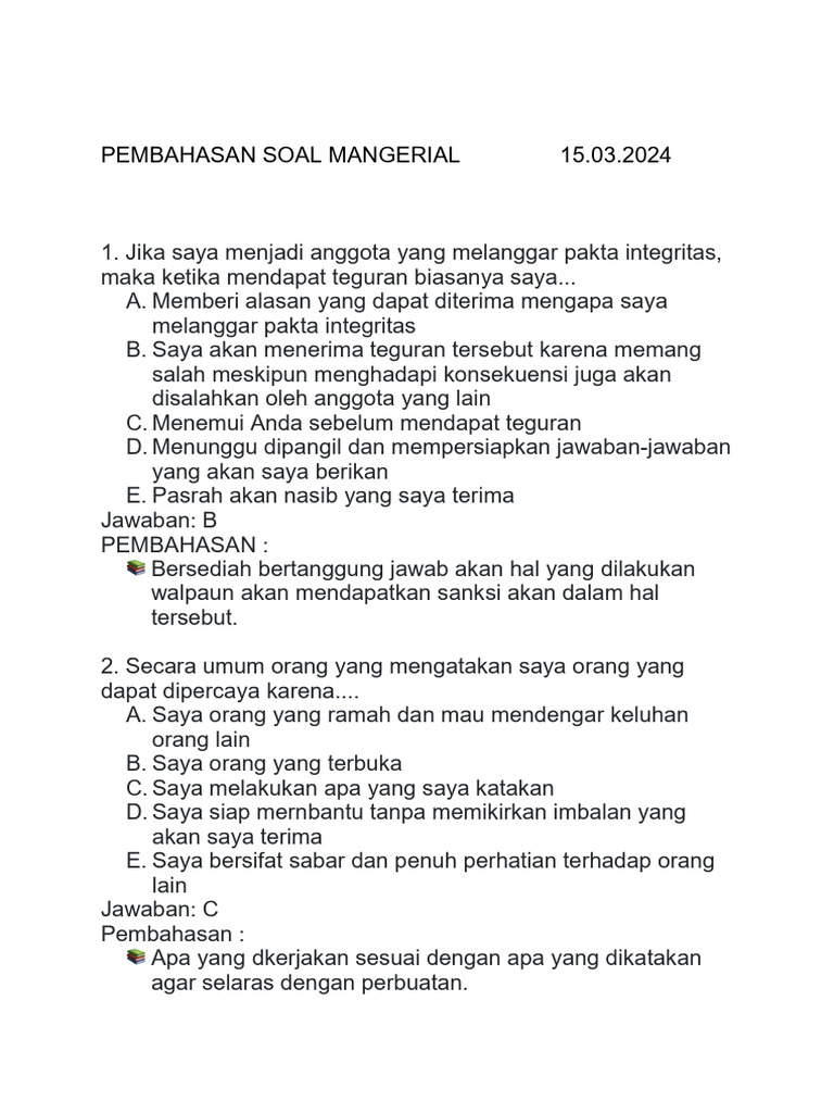 Pembahasan Soal Mangaerial, Sosio Dan Wawancara 15 Maret 2024 | PDF