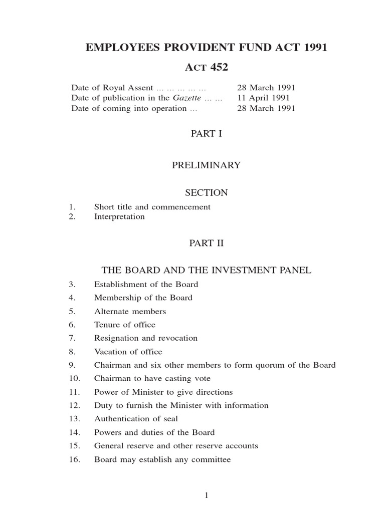 Employees Provident Fund Act 1991 Act 452 | PDF | Banks | Employment