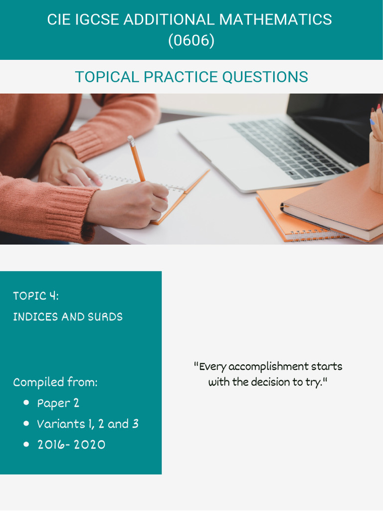 4 CIE IGCSE Additional Mathematics Paper 2 Topical Past Paper Indices ...