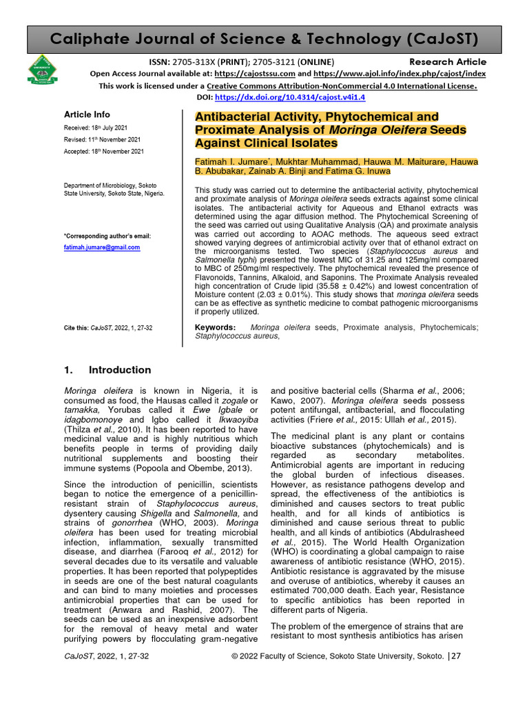 Antibacterial Activity, Phytochemical and Proximate Analysis of Moringa Oleifera Seeds Against ...